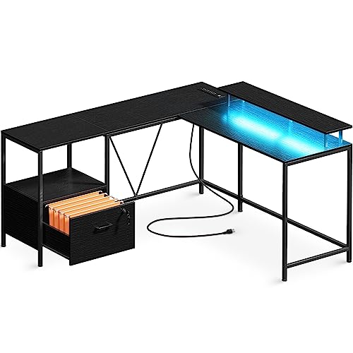 PRAISUN L Shaped Office Desk with LED Lights and Power Outlets, Reversible Computer Desk with File Cabinet and Monitor Shelves, Home Office Desk, Corner Gaming Desk, Black