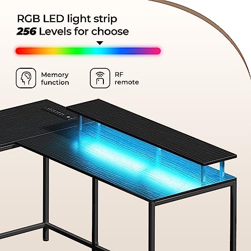 PRAISUN L Shaped Office Desk with LED Lights and Power Outlets, Reversible Computer Desk with File Cabinet and Monitor Shelves, Home Office Desk, Corner Gaming Desk, Black