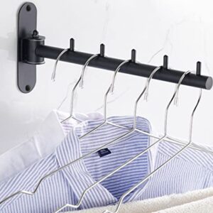 Folding Wall Mounted Clothes Hanger Rack with Swing Arm, Clothes Hanger Rack for Laundry Room Valet Hook, Foldable 180°Rotation, Stainless Steel 304 Folding Clothes Hanger Drying Rack Rod (Black)