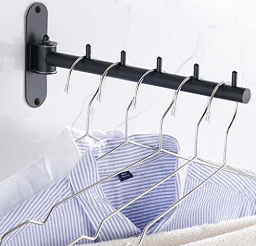 Folding Wall Mounted Clothes Hanger Rack with Swing Arm, Clothes Hanger Rack for Laundry Room Valet Hook, Foldable 180°Rotation, Stainless Steel 304 Folding Clothes Hanger Drying Rack Rod (Black)