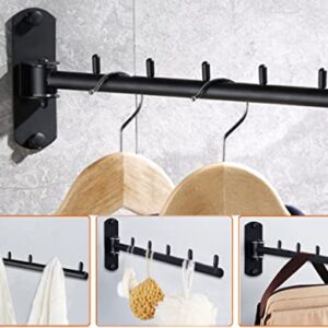 Folding Wall Mounted Clothes Hanger Rack with Swing Arm, Clothes Hanger Rack for Laundry Room Valet Hook, Foldable 180°Rotation, Stainless Steel 304 Folding Clothes Hanger Drying Rack Rod (Black)