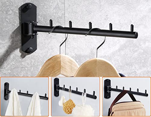 Folding Wall Mounted Clothes Hanger Rack with Swing Arm, Clothes Hanger Rack for Laundry Room Valet Hook, Foldable 180°Rotation, Stainless Steel 304 Folding Clothes Hanger Drying Rack Rod (Black)