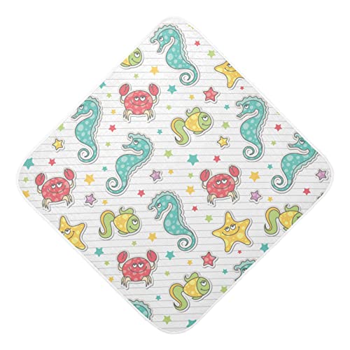 Pigsaly Starfish Seahorse Crab Fish Star Hooded Baby Towel Cartoon Sea Creatures Baby Bath Towel Unisex Soft Organic Cotton Washcloths Toddlers Shower Gifts for Boys Girls Newborn 30 x 30 in