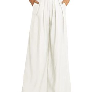 SIFLIF Women's High Waist Casual Wide Leg Palazzo Pants, Dress Pants for Women, Work Pants with Pockets for Women Office. White