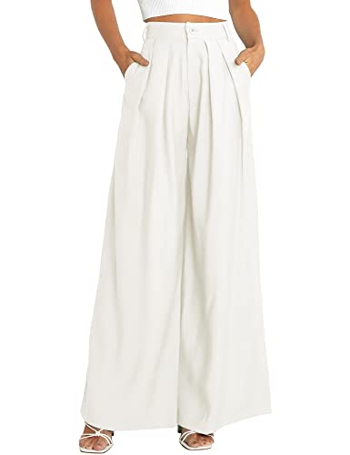 SIFLIF Women's High Waist Casual Wide Leg Palazzo Pants, Dress Pants for Women, Work Pants with Pockets for Women Office. White