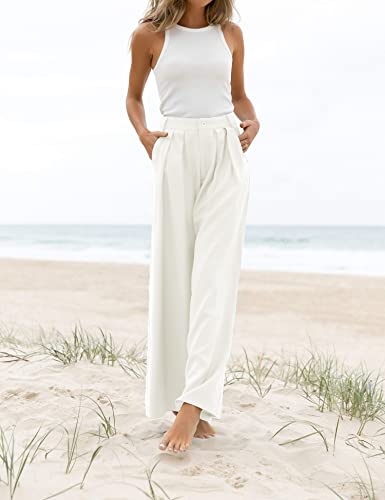 SIFLIF Women's High Waist Casual Wide Leg Palazzo Pants, Dress Pants for Women, Work Pants with Pockets for Women Office. White