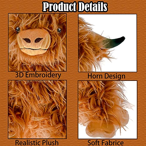 GARKALY 12 Inch Highland Cow Stuffed Animal,Scottish Fluffy Cow Plush,Cute Realistic Soft Cow Stuffed Animal Farm Decor Birthday Gift Toy for Adults Kids (Brown)