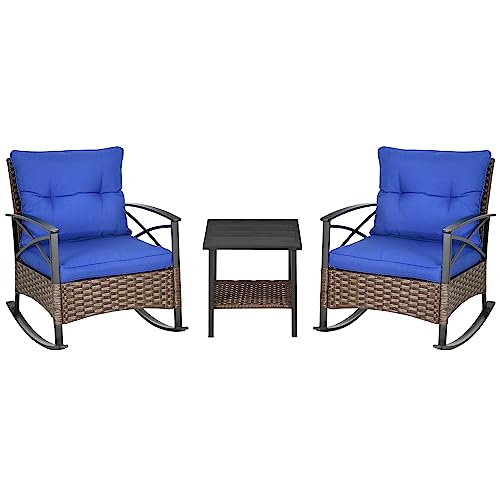 Outsunny 3 Piece Rocking Bistro Set, Outdoor Wicker Patio Furniture, 2 Porch Rocker Chairs with Glass Coffee Table, Tufted Cushions, Patio Conversation Set, Dark Blue