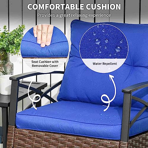 Outsunny 3 Piece Rocking Bistro Set, Outdoor Wicker Patio Furniture, 2 Porch Rocker Chairs with Glass Coffee Table, Tufted Cushions, Patio Conversation Set, Dark Blue