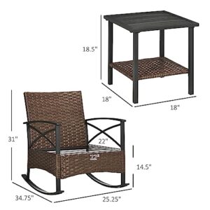 Outsunny 3 Piece Rocking Bistro Set, Outdoor Wicker Patio Furniture, 2 Porch Rocker Chairs with Glass Coffee Table, Tufted Cushions, Patio Conversation Set, Dark Blue