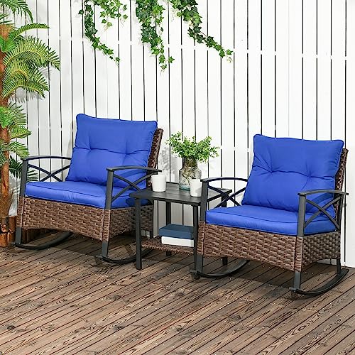 Outsunny 3 Piece Rocking Bistro Set, Outdoor Wicker Patio Furniture, 2 Porch Rocker Chairs with Glass Coffee Table, Tufted Cushions, Patio Conversation Set, Dark Blue