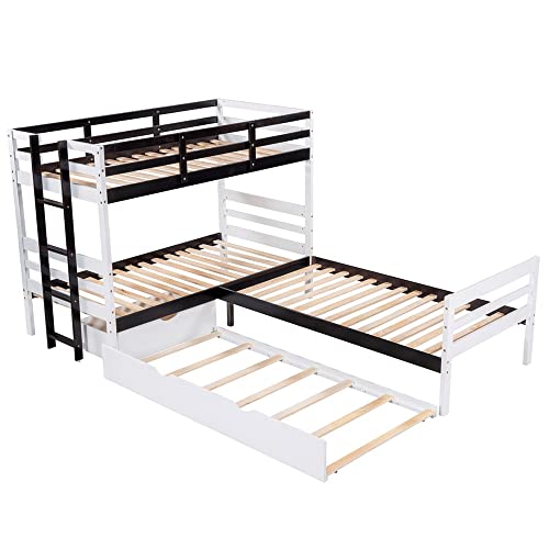 n/a Twin Size L-Shaped Bunk Bed and Platform Bed with Trundle and Drawer,White