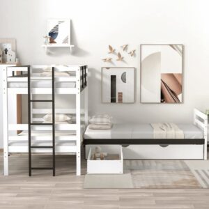 n/a Twin Size L-Shaped Bunk Bed and Platform Bed with Trundle and Drawer,White