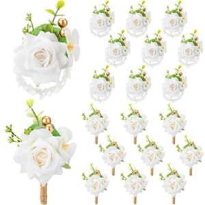 sherr 20 pcs rose wrist corsage and boutonnier set flower wrist corsage wristlet band bracelet wedding bridegroom men's boutonniere wristlet hand flower for wedding bouquets supplies (white)