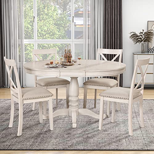 Voohek Kitchen Dining Set, 5-Piece Round Wood Table and Chair, Classic Family Furniture for Dinette, Compact Space, Antique White