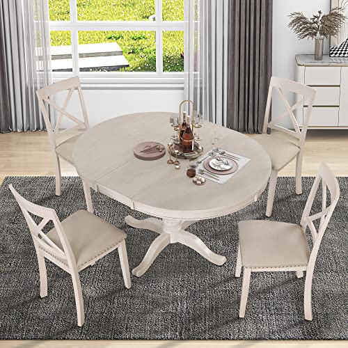 Voohek Kitchen Dining Set, 5-Piece Round Wood Table and Chair, Classic Family Furniture for Dinette, Compact Space, Antique White