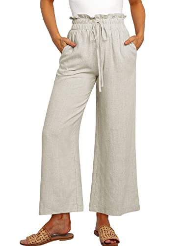 ANRABESS Women's Linen Pants Casual Loose High Waist Drawstring Wide Leg Capri Palazzo Lounge Pants Cropped Trousers Summer Boho Outfits 939maxing-S Beige