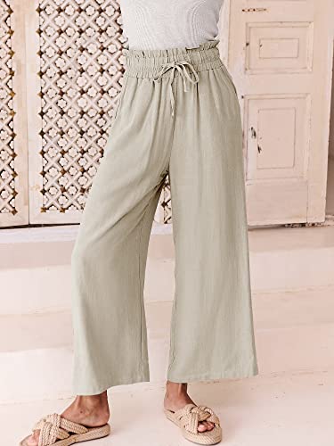 ANRABESS Women's Linen Pants Casual Loose High Waist Drawstring Wide Leg Capri Palazzo Lounge Pants Cropped Trousers Summer Boho Outfits 939maxing-S Beige