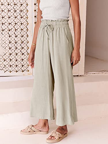 ANRABESS Women's Linen Pants Casual Loose High Waist Drawstring Wide Leg Capri Palazzo Lounge Pants Cropped Trousers Summer Boho Outfits 939maxing-S Beige