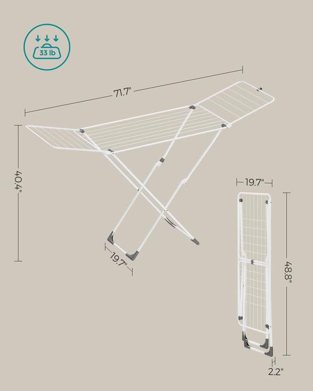 SONGMICS Clothes Drying Rack, Metal Laundry Drying Rack, Foldable, Space-Saving, Free-Standing Airer, with Gullwings, Indoor Outdoor Use, Bed Linen Clothing, White ULLR540W01