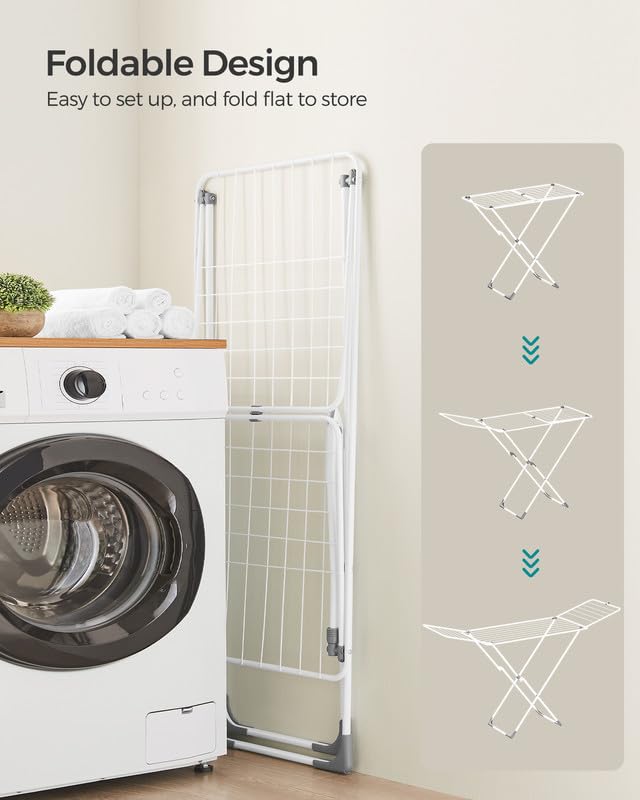 SONGMICS Clothes Drying Rack, Metal Laundry Drying Rack, Foldable, Space-Saving, Free-Standing Airer, with Gullwings, Indoor Outdoor Use, Bed Linen Clothing, White ULLR540W01