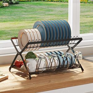 iwaiting outdoor dish drying rack collapsible, 2 tier dish dryer rack for more space saving, durable metal foldable dishrack with cup rack, dish racks for kitchen counter black