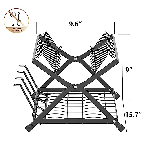 Iwaiting Outdoor Dish Drying Rack Collapsible, 2 Tier Dish Dryer Rack for More Space Saving, Durable Metal Foldable Dishrack with Cup Rack, Dish Racks for Kitchen Counter Black