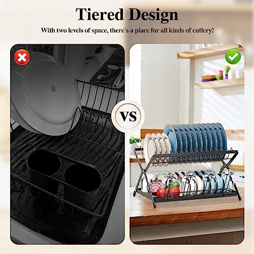 Iwaiting Outdoor Dish Drying Rack Collapsible, 2 Tier Dish Dryer Rack for More Space Saving, Durable Metal Foldable Dishrack with Cup Rack, Dish Racks for Kitchen Counter Black