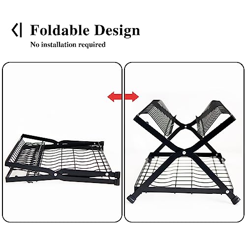 Iwaiting Outdoor Dish Drying Rack Collapsible, 2 Tier Dish Dryer Rack for More Space Saving, Durable Metal Foldable Dishrack with Cup Rack, Dish Racks for Kitchen Counter Black