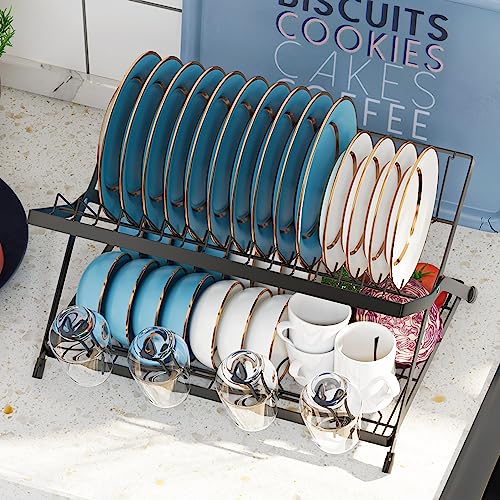 Iwaiting Outdoor Dish Drying Rack Collapsible, 2 Tier Dish Dryer Rack for More Space Saving, Durable Metal Foldable Dishrack with Cup Rack, Dish Racks for Kitchen Counter Black