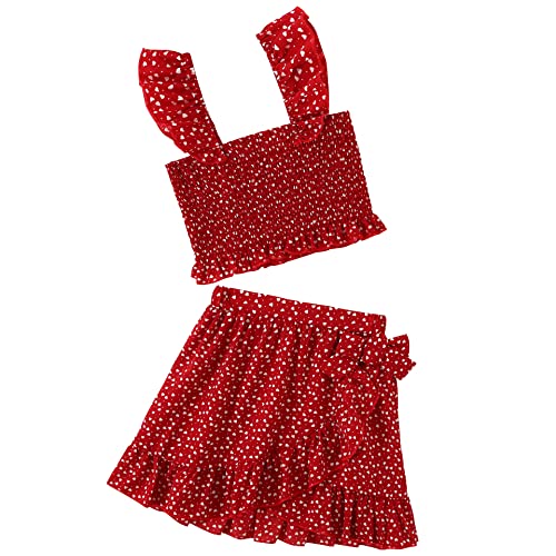 CARETOO Girl's 2 Piece Outfit Sleeveless Tops+ Ruffle Bow Skirt Sets Toddler To Big Girls Kid Clothes Set 4-14 Years Old (Red,8-9 Years)