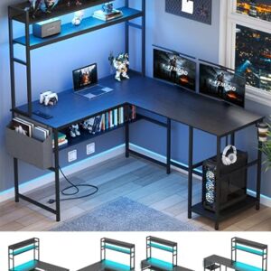 FEMOND L Shaped Gaming Desk with LED Lights & Power Outlets Computer Desk with Hutch Office Desk with Storage Shelf, Headphone Hook,Cup Holder