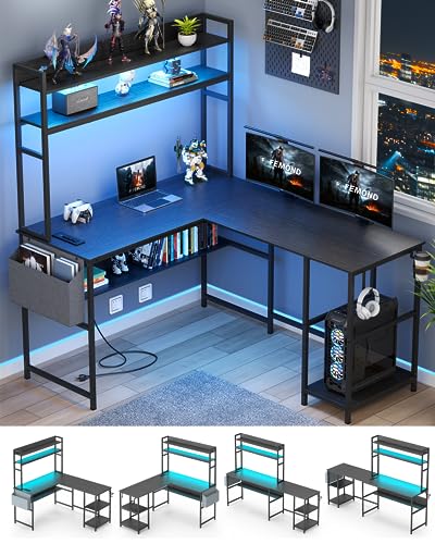 FEMOND L Shaped Gaming Desk with LED Lights & Power Outlets Computer Desk with Hutch Office Desk with Storage Shelf, Headphone Hook,Cup Holder