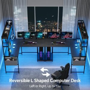 FEMOND L Shaped Gaming Desk with LED Lights & Power Outlets Computer Desk with Hutch Office Desk with Storage Shelf, Headphone Hook,Cup Holder