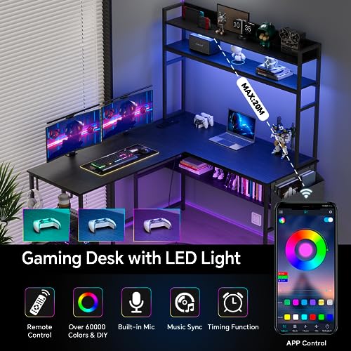 FEMOND L Shaped Gaming Desk with LED Lights & Power Outlets Computer Desk with Hutch Office Desk with Storage Shelf, Headphone Hook,Cup Holder