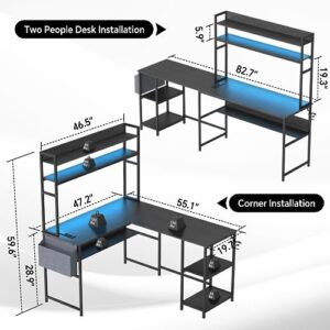 FEMOND L Shaped Gaming Desk with LED Lights & Power Outlets Computer Desk with Hutch Office Desk with Storage Shelf, Headphone Hook,Cup Holder