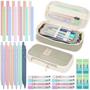 teling 37 pcs aesthetic school supplies includes cute pencil case 12 pcs 0.5 mm/ 0.7 mm mechanical pencil 4 pcs erasers 8 tubes pencil refills 12 pcs cute highlighters for girls school (light green)