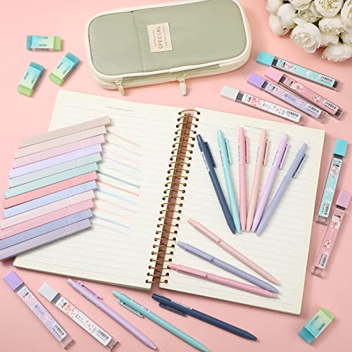 Teling 37 Pcs Aesthetic School Supplies Includes Cute Pencil Case 12 Pcs 0.5 Mm/ 0.7 mm Mechanical Pencil 4 Pcs Erasers 8 Tubes Pencil Refills 12 Pcs Cute Highlighters for Girls School (Light Green)