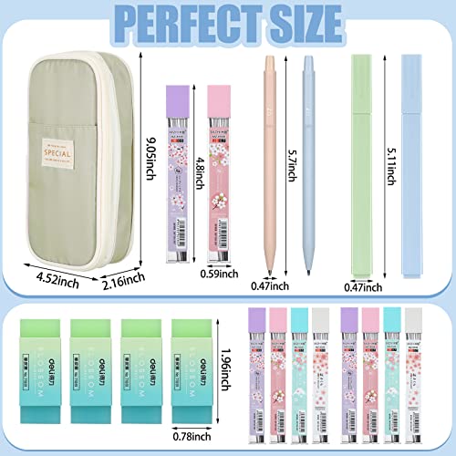 Teling 37 Pcs Aesthetic School Supplies Includes Cute Pencil Case 12 Pcs 0.5 Mm/ 0.7 mm Mechanical Pencil 4 Pcs Erasers 8 Tubes Pencil Refills 12 Pcs Cute Highlighters for Girls School (Light Green)