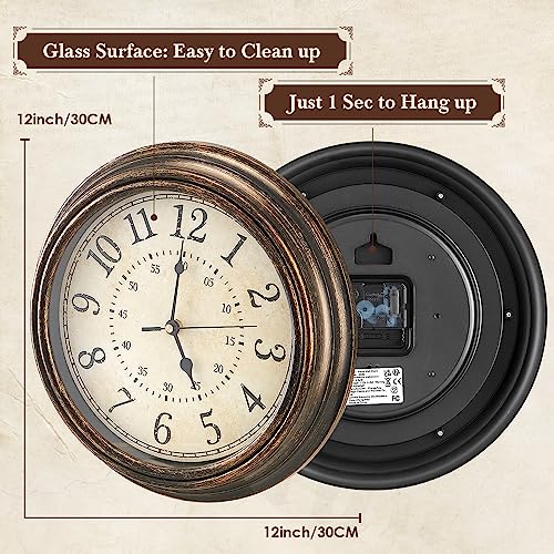 Wall Clocks Vintage & 12 Inch Large Wall Clock, Keep-Accurate-Time Wall Clock for Living Room, Easy to Read Wall Clocks Battery Operated, 15dB Extremely Quiet Clock for Living Room, Wall Clock Large