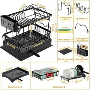 Dish Drying Rack,2 Tier Dish Racks for Kitchen Counter,Rustproof Stainless Steel Large Dish Rack with Drainboard Dish Drying Mat Dish Drainer Organizer with Utensil Holder Cup Pot (16.7*12.7*16 IN)