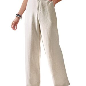 HEEKPEK Linen Pants for Women High Waisted Trousers Straight Wide Leg Flowy Pant Casual Button Up Summer Beach Pants Beige