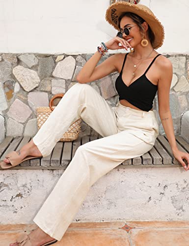 HEEKPEK Linen Pants for Women High Waisted Trousers Straight Wide Leg Flowy Pant Casual Button Up Summer Beach Pants Beige