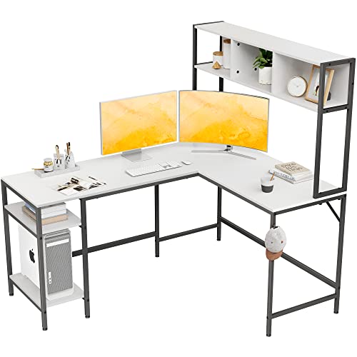 BANTI L-Shaped Desk with Hutch, 60" Corner Computer Desk, Home Office Gaming Table with Storage Shelves, Space-Saving, White