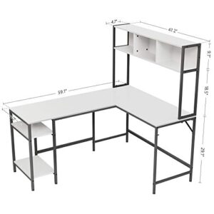 BANTI L-Shaped Desk with Hutch, 60" Corner Computer Desk, Home Office Gaming Table with Storage Shelves, Space-Saving, White