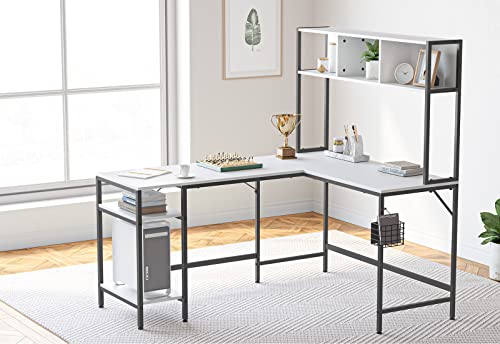 BANTI L-Shaped Desk with Hutch, 60" Corner Computer Desk, Home Office Gaming Table with Storage Shelves, Space-Saving, White