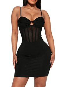 uni clau women sexy halter v neck mesh mini dress bodycon spaghetti straps see through patchwork dress party club night out mini dress black xl