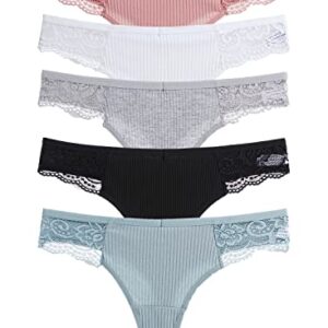 Justgoo Womens Sexy Thongs Lace Panties Underwear Cotton Low Rise Underpants Pack of 5