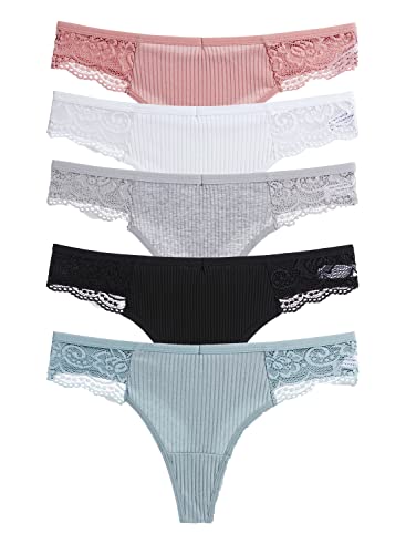 Justgoo Womens Sexy Thongs Lace Panties Underwear Cotton Low Rise Underpants Pack of 5