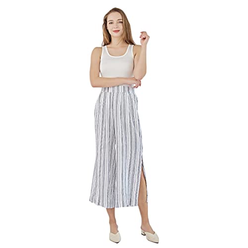 Asoran Linen Pants for Women, Wide Leg Elastic Flowy Pants with Side Slit, Women’s Casual Loose High Waist Pants